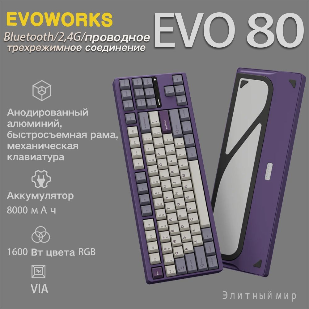 EVOWORKS Игровая клавиатура беспроводная Qwertykeys EVO80-Azure Linear Switch + FR4 Plate ...
