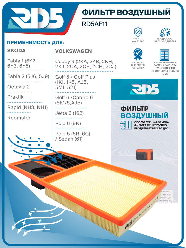 Фильтр воздушный RD5 SKODA Fabia 1, 2 Шкода Фабиа, Octavia 2 Октавиа 2 ...