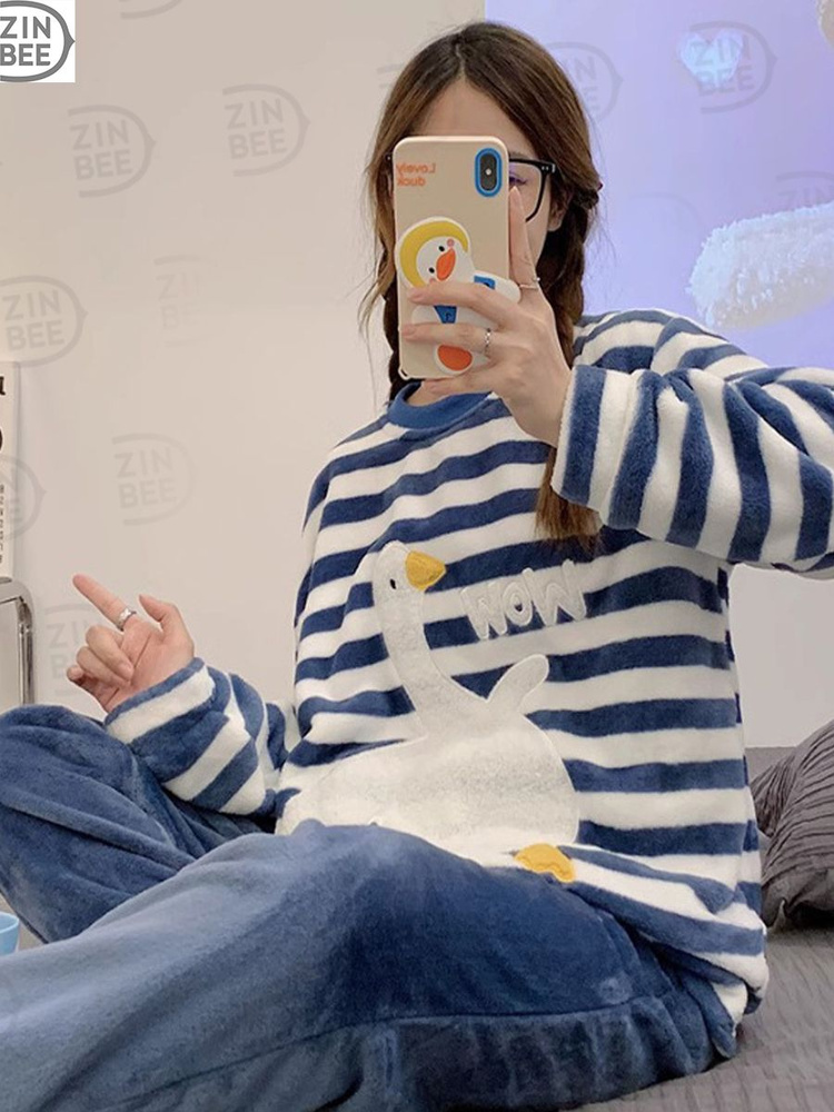 Пижама Женский ZinBee Корал-флис, размер 44 Однотонный синяя волна Китай Воротник, Карманы ...