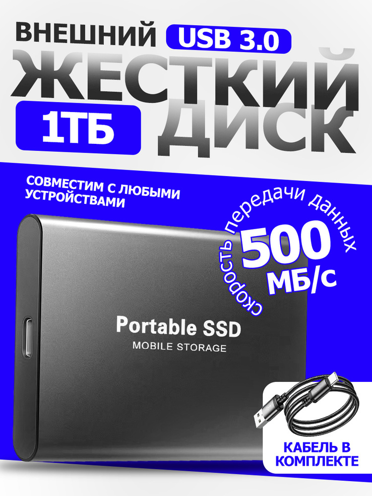 1 ТБ Внешний SSD-диск 1 тб ssd для ноутбука ссд (SSD.PORT.1TB), черный ...
