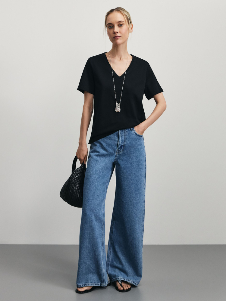 Футболка Женский Zarina черный Короткий, размер 52 Хлопок Однотонный прямой Повседневный ...