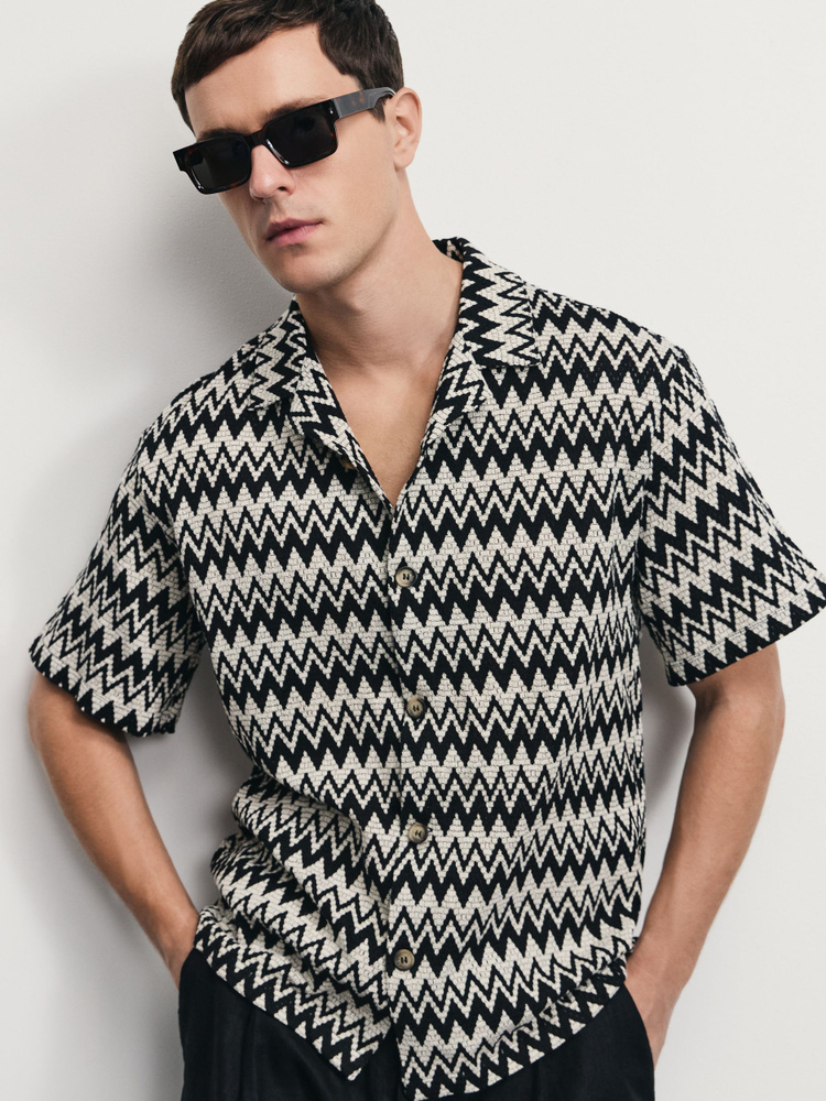 Рубашка Мужской Zarina бежевый Короткий Полиэстер, Хлопок Геометрический, размер 54 прямой ...