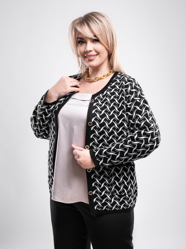 Кардиган Женский SAFI&AMI Collection черный, белый Трикотаж, размер 50 Пуговицы Декоративные ...