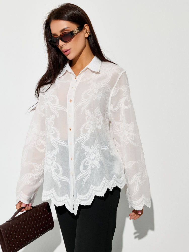 Рубашка Женский HELLO MODA! белый иней Длинный Хлопок Однотонный, размер 50, 52 свободный ...