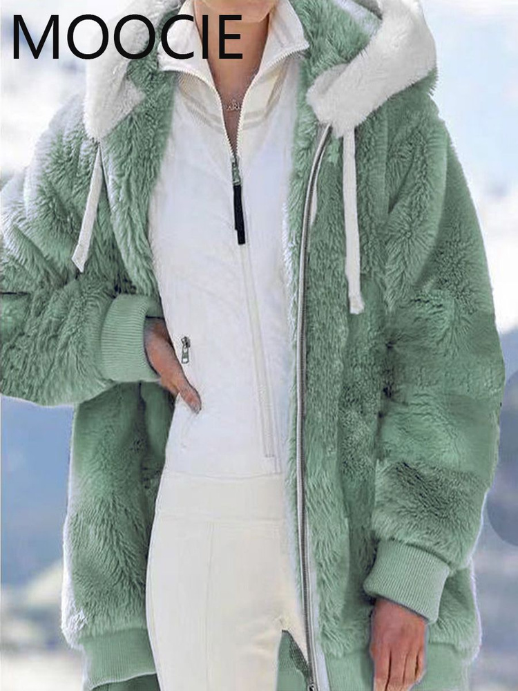 Свитшот Женский MOOCIE Капюшон, Карманы зеленый Молния Полиэстер, размер 48 оверсайз Длинный ...