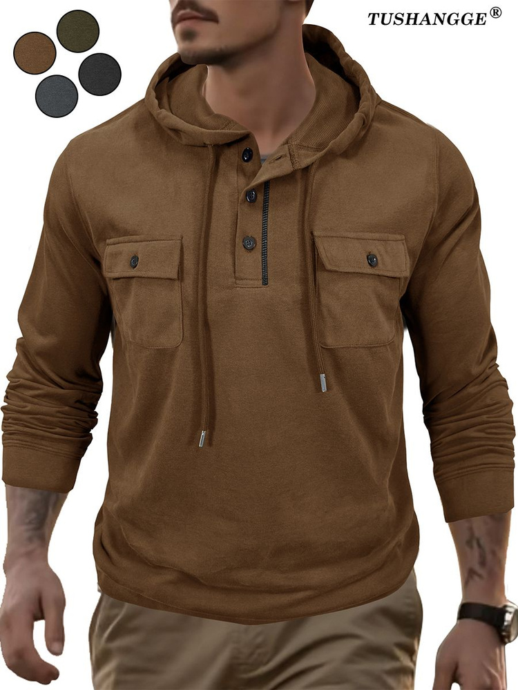 Лонгслив Мужской TUSHANGGE кофе Длинный, размер 54 Хлопок, Полиэфирное волокно Воротник, Карманы ...