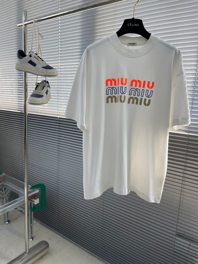 Футболка Мужской, Женский Miu Miu глубокий черный, белый Короткий, размер 52 Хлопок Логотип ...