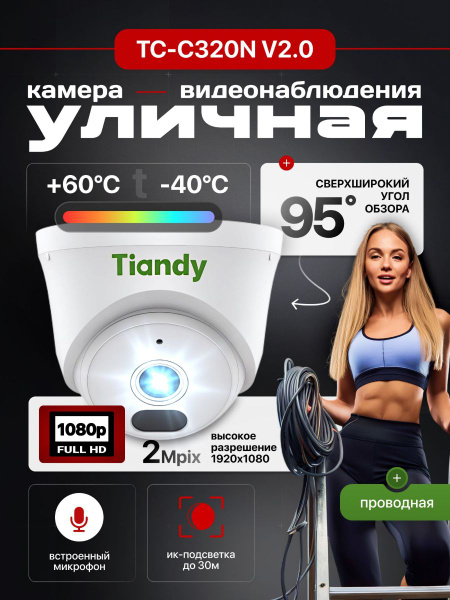 Tiandy TC-C320N V2.0 Видеокамера купольная с микрофоном (2Мп, 2.8mm ...