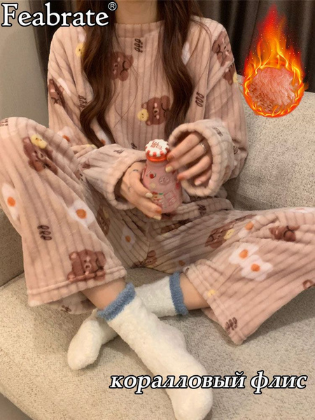 Пижама Женский Feabrate с юбкой Корал-флис, размер 42, 44 Однотонный хаки Длинный Китай Вышивка ...