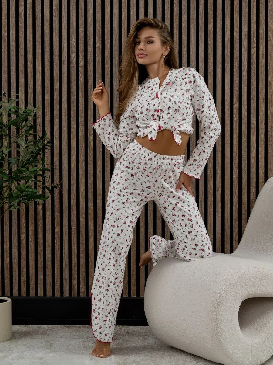 Пижама Женский NATIVIA с брюками Хлопок, размер 52 зеленый, белый Длинный Россия Пуговицы ...