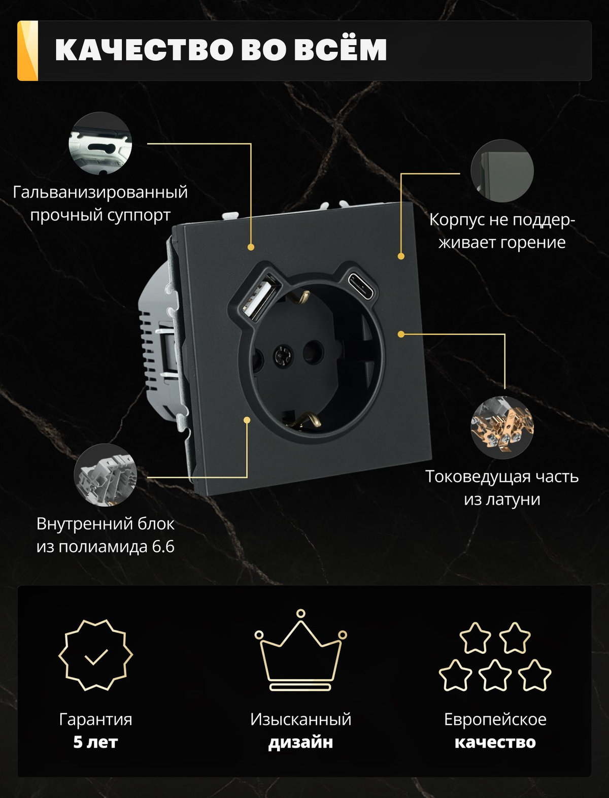Розетка встраиваемая USB + Type C с заземлением, черный уголь, 16А 250В ...