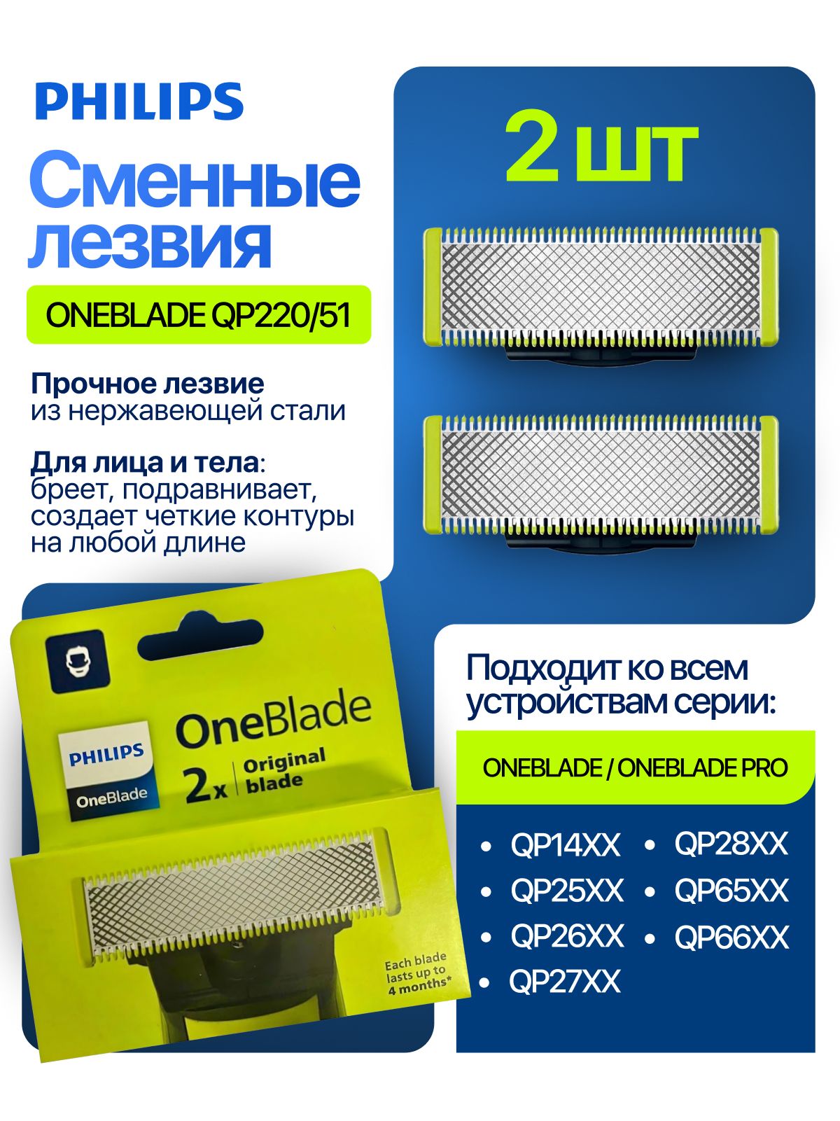 Сменные лезвия Philips OneBlade (QP220/51) для триммера, 2 шт купить на ...