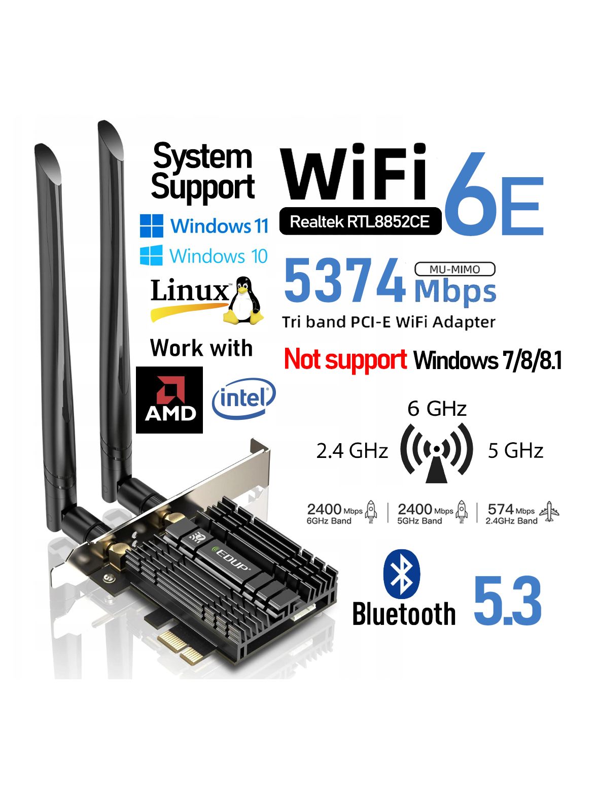 EDUP EP-9718GS WiFi 6E адаптер Realtek RTL8852CE, 5374 Мбит/с ...