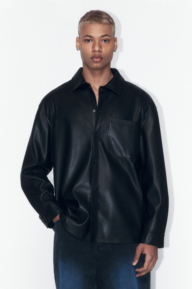 Рубашка Мужской Befree черный Искусственная кожа Однотонный, размер 44 Пуговицы Китай, рост 176 ...