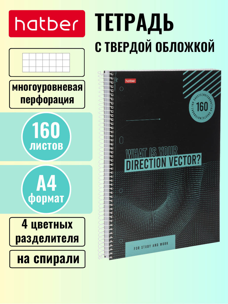 Тетрадь с твердой обложкой Hatber 160 листов, формат А4, клетка, перфорация, 4 цветных ...