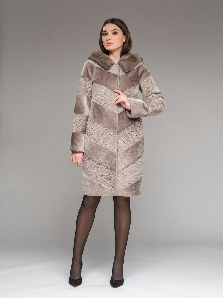 Шуба Женский DianaSafio Овчина стойка бежевый, размер 66 Длинный Россия ...