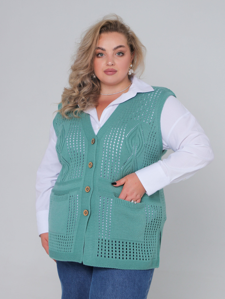 Жилет Женский SAFI&AMI Collection мятный Трикотаж, размер 50 Декоративные пуговицы прямой ...