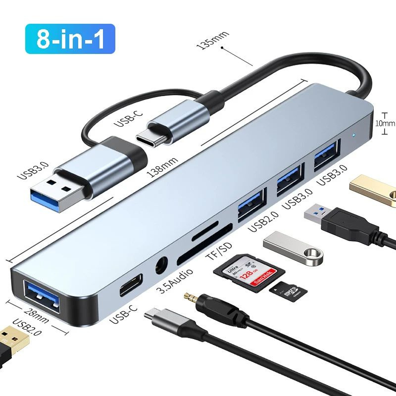 8IN1 USB HUB Splitter TF SD Card reader USB3.0 8 Port HUB Splitter 3 ...