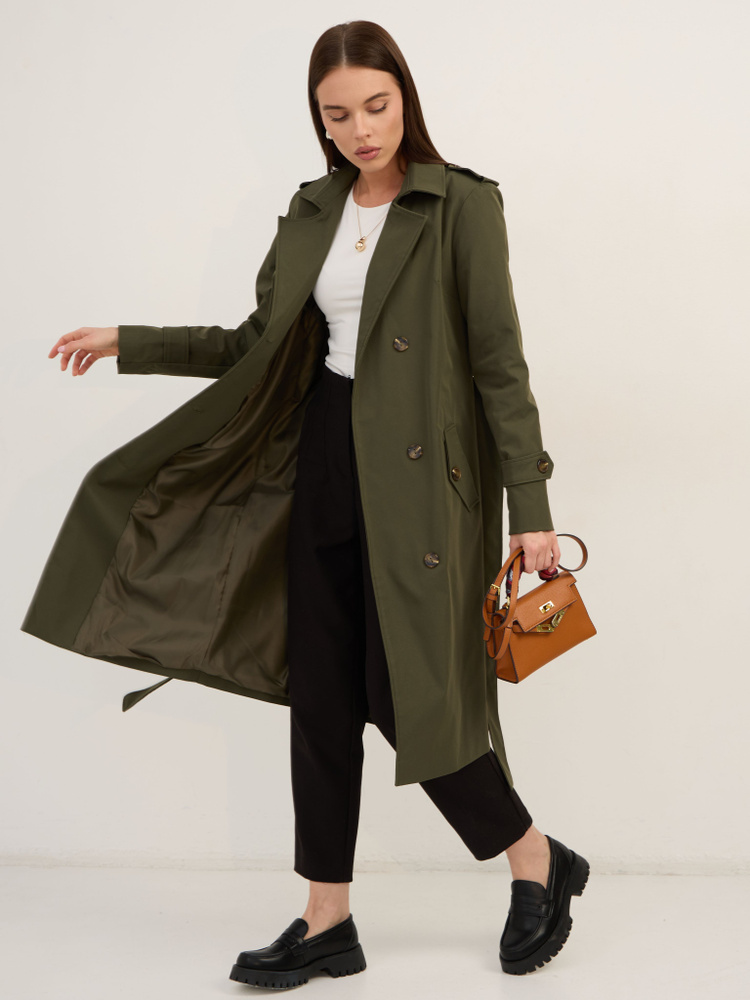 Плащ Женский SLN защитный хаки Средний Пояс/ремень, Воротник, размер 42, 44 Хлопок, Вискоза ...