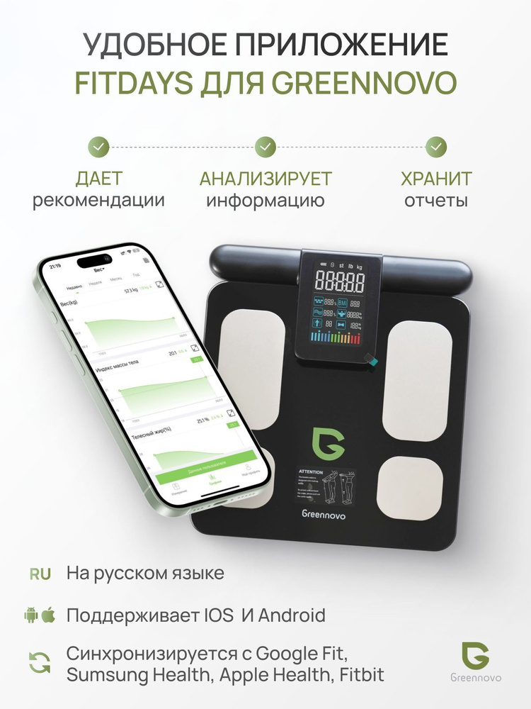 Умные весы GREENNOVO с технологией биоимпедансного анализа BIA / весы с анализатором состава ...