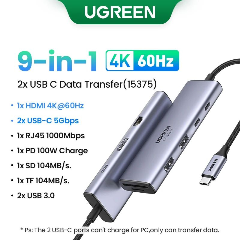 Концентратор UGREEN 15375 Type-C 9-в-1 HDMI/4K60Hz RJ45 PD100W SD/TF Type-c USB купить на OZON ...
