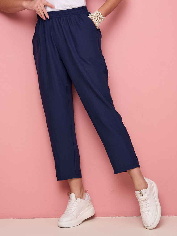 Брюки Женский SPARADA прямые зернистый темно-синий Жатка Повседневный, размер 60, 62 Резинка ...