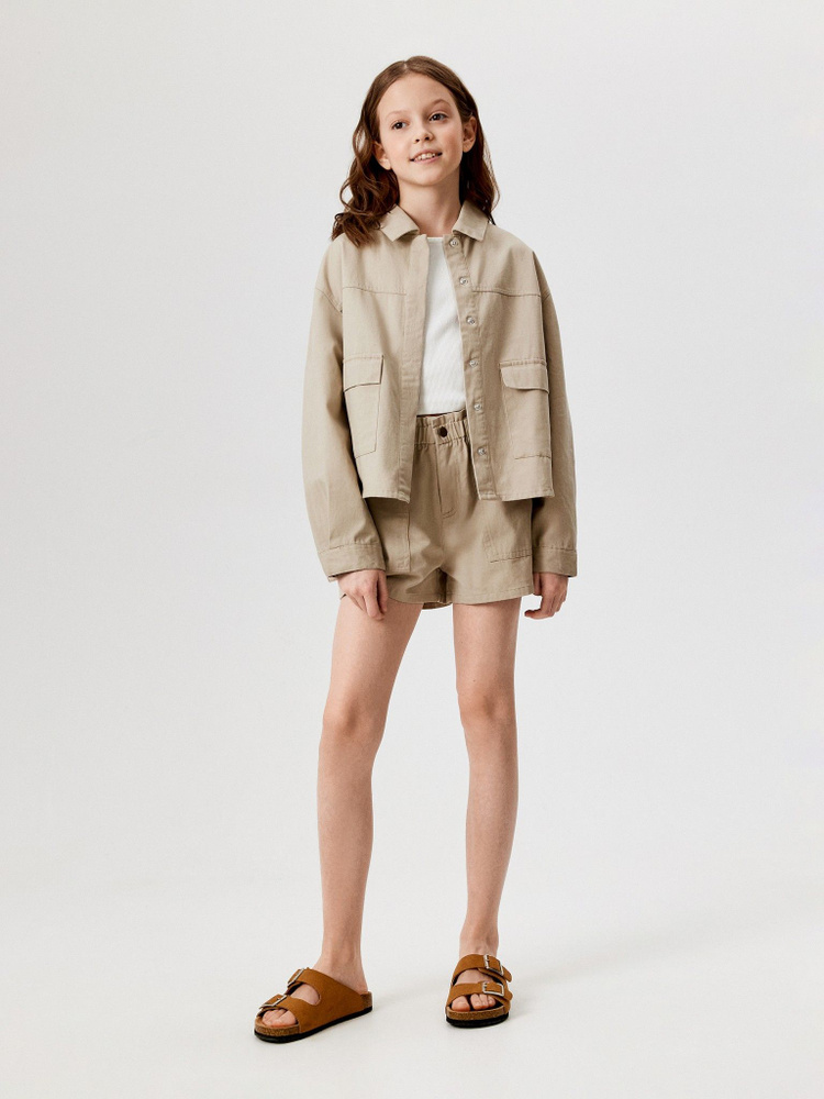 Куртка джинсовая Девочки Acoola Кнопки, Карманы бежевый отложной Текстиль, Хлопок, размер 164 ...