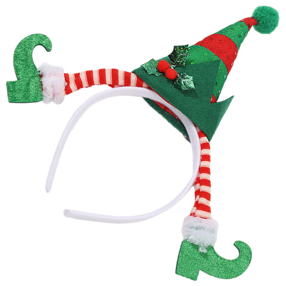 Зеленая мягкая новогодняя шапка-ободок с ногами эльфа для украшения ...
