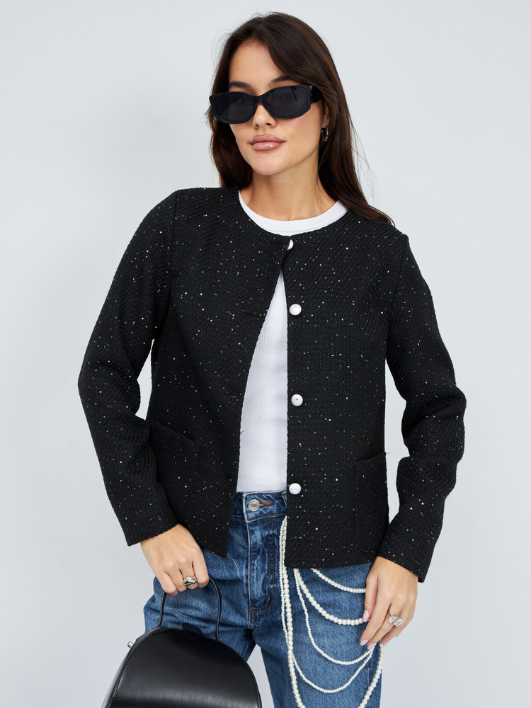 Пиджак Женский AM One черный, размер 44 Костюмная ткань Длинный жакет-"шанель" Пуговицы Россия ...