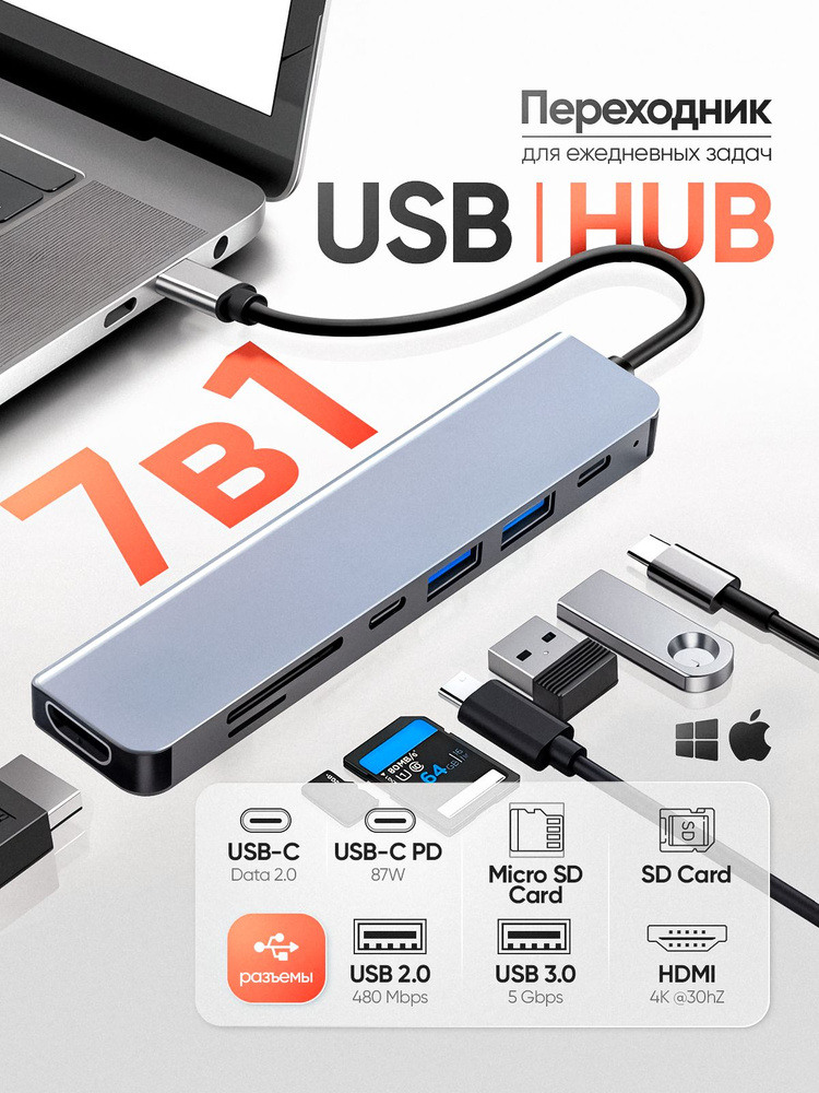 USB HUB, переходник для macbook, переходник hdmi type c, 7 В 1 купить на OZON по низкой цене ...