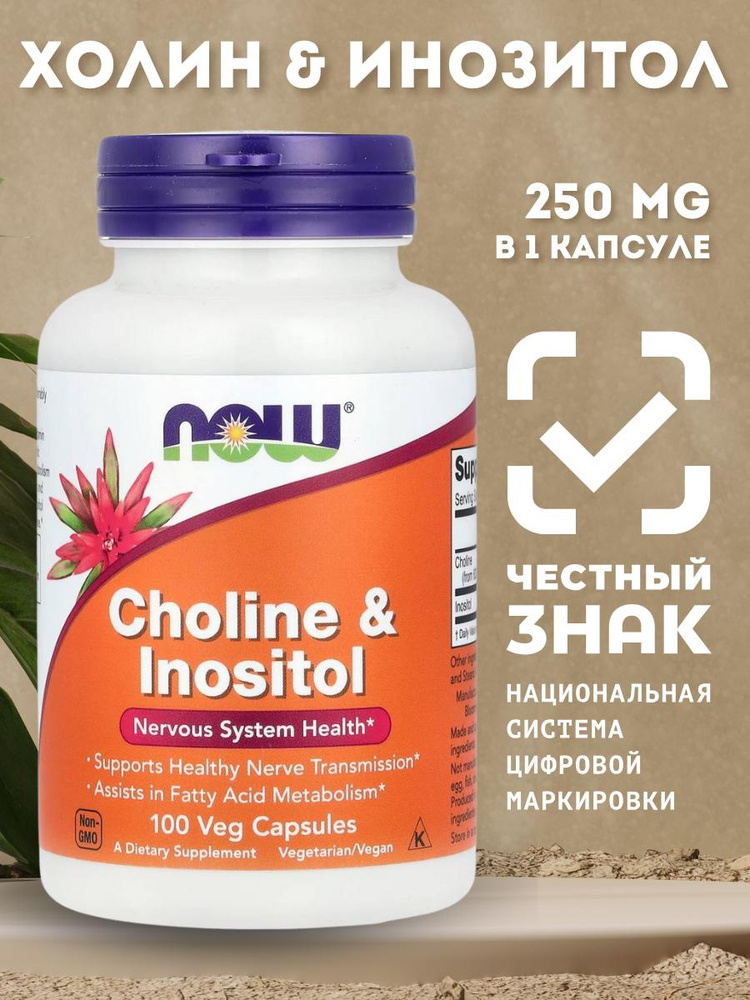 Холин битартрат + Инозитол NOW Foods, 250 мг, 100 растительных капсул ...