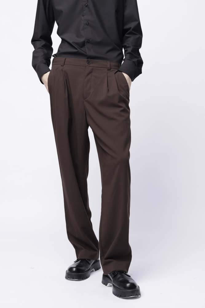Брюки Мужской BLACK MOTTE широкие, классические коричневый Костюмная ткань Офисный/школьный ...