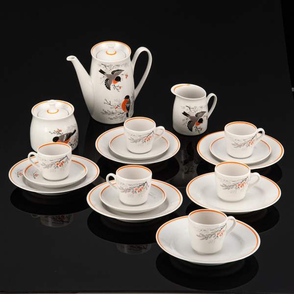 Сервиз антикварный/винтажный кофейный Снегири 19 предметов, фарфор, деколь, Дмитровский ...