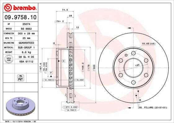 Тормозной диск brembo 09.9758.10 вентилируемый передний мост купить c ...