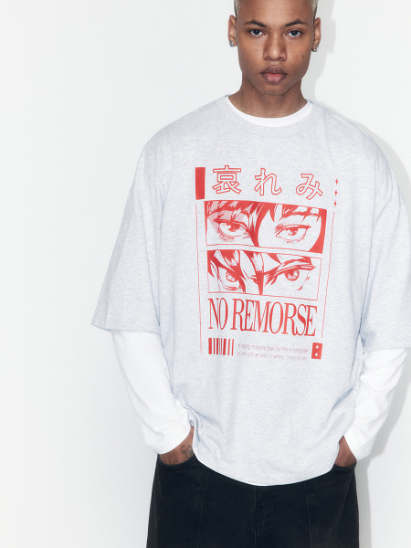 Футболка Мужской Befree серый Короткий, размер 46 Трикотаж Разноцветный оверсайз Повседневный ...