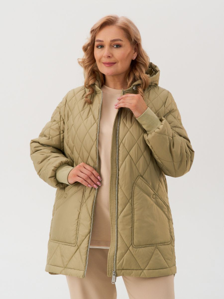 Куртка Женский Elfina Молния, Капюшон оливковый трансформер Полиэстер, размер 48 Длинный ...