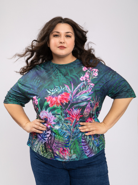 Футболка Женский темно-зеленый Средний, размер 72, 74 Хлопок, Эластан Цветочный свободный ...