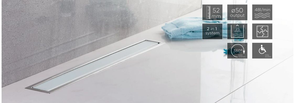 Трап для душа под плитку 800мм линейный с двухсторонней крышкой Evolux Glass белое глянцевое ...