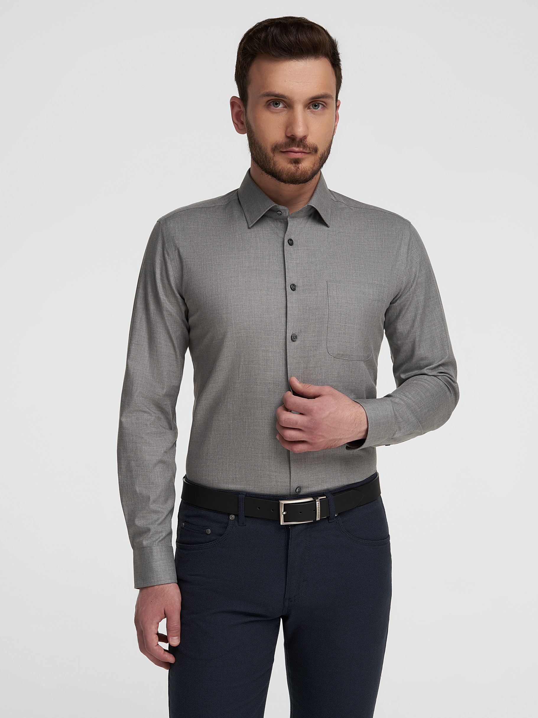 Рубашка Мужской HENDERSON серый Длинный Хлопок Однотонный, размер 46 полуприталенный Пуговицы ...