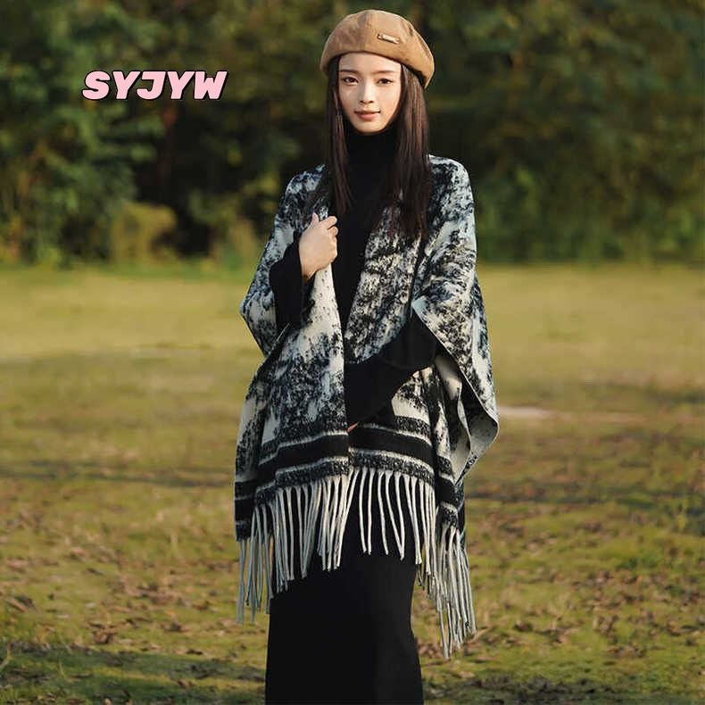 Пончо Женский SYJWY черный муар Без рукавов Кисточки, размер универсальный Лавсан Китай Без ...