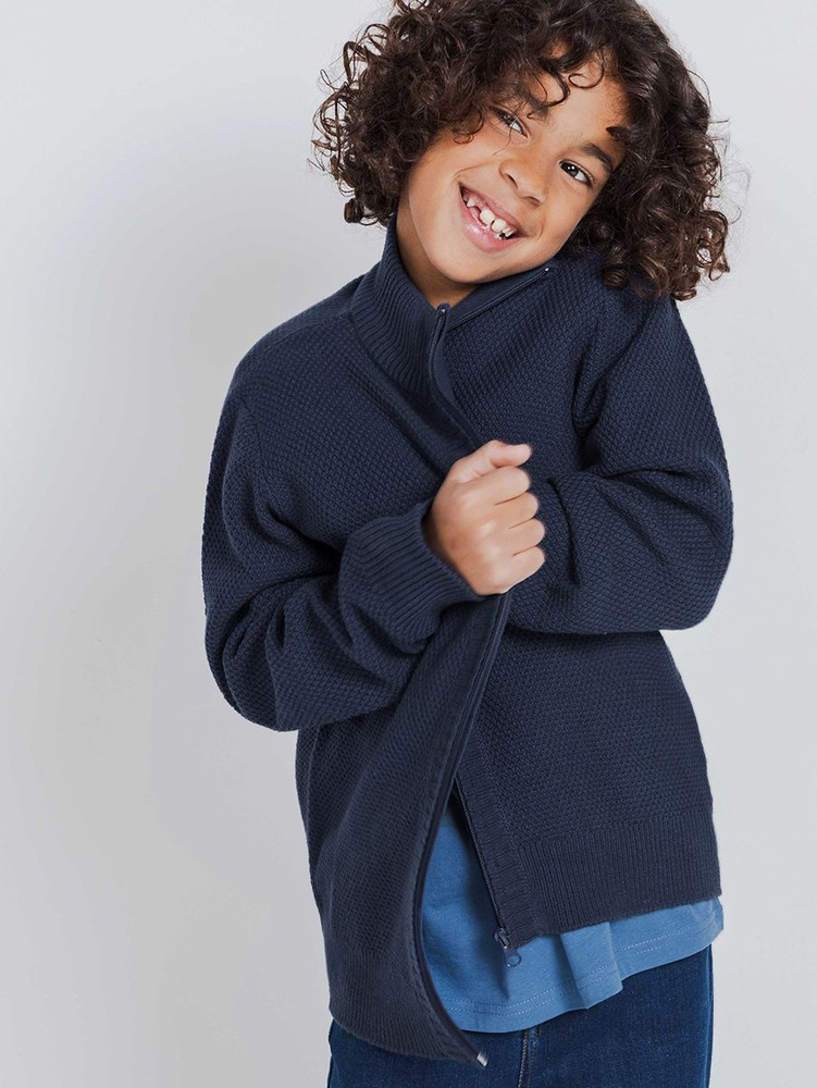 Джемпер Мальчики Mokida синий Трикотаж, размер 140 Молния прямой Длинный Однотонный Бангладеш ...