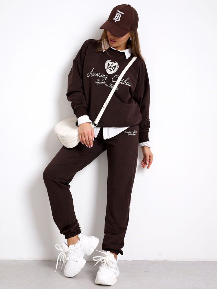 Костюм спортивный Женский AMAZING CLOTHES Повседневный двойка шоколадный, коричневый, размер 52 ...