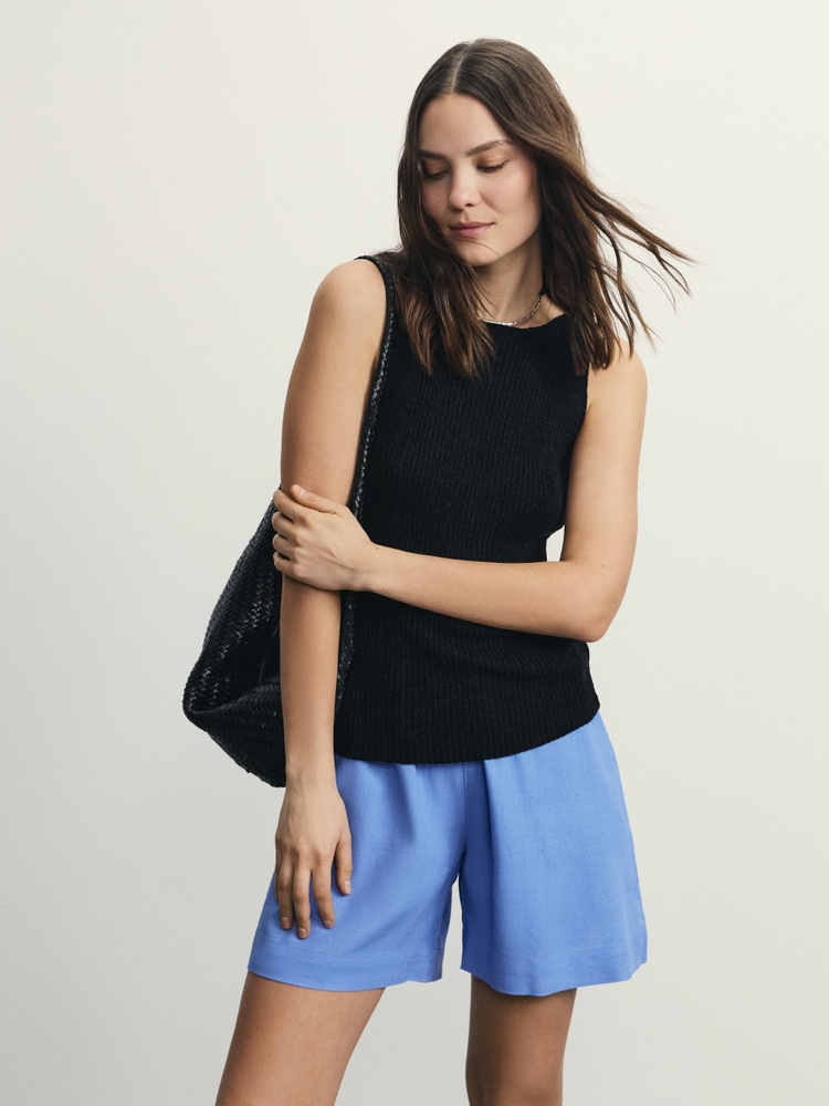 Шорты Женский Zarina Повседневный голубой, размер 46 Вискоза, Лен, рост 165-180 Без застежки ...