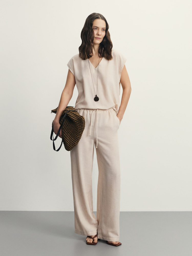 Брюки Женский Zarina широкие кремовый Полиэстер Повседневный, размер 52 Без застежки свободный ...