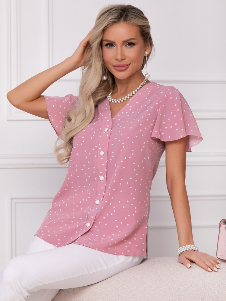 Блузка Женский BELLMELODY розовый нектар Текстиль Короткий Горох, размер 52 полуприлегающий ...