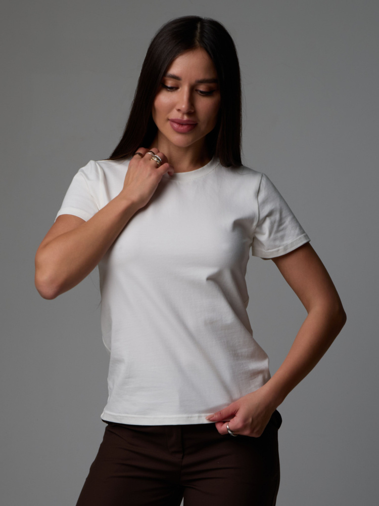 Футболка Женский SLN молочный, пломбир Короткий, размер 42 Хлопок, Эластан прямой Повседневный ...