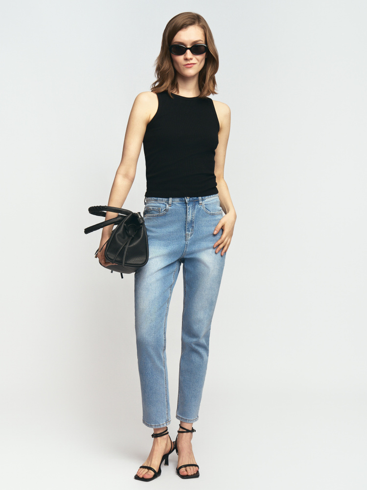 Джинсы Женский Zolla светло-синий мом Хлопок, Полиэстер, размер 40 Молния Высокая, рост 164-176 ...