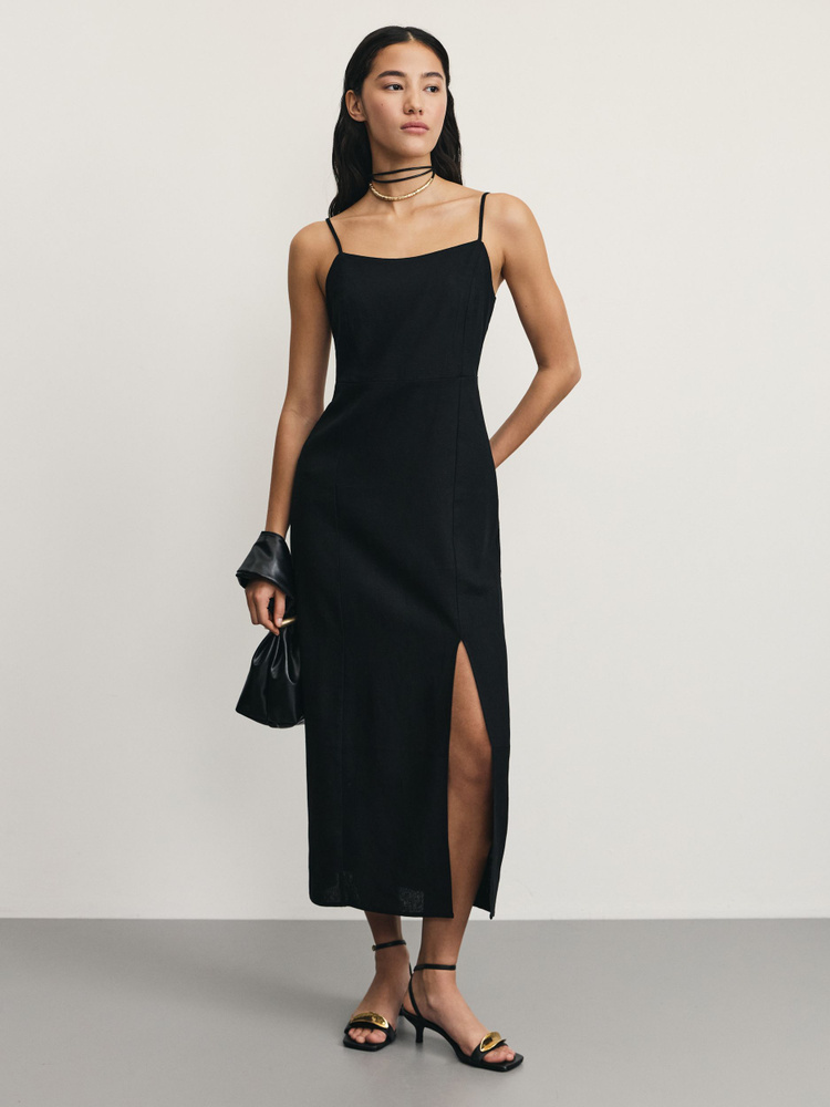 Платье Женский Zarina черный прямое Повседневный Без рукавов Вискоза, Лён Разрезы, размер 48 для ...