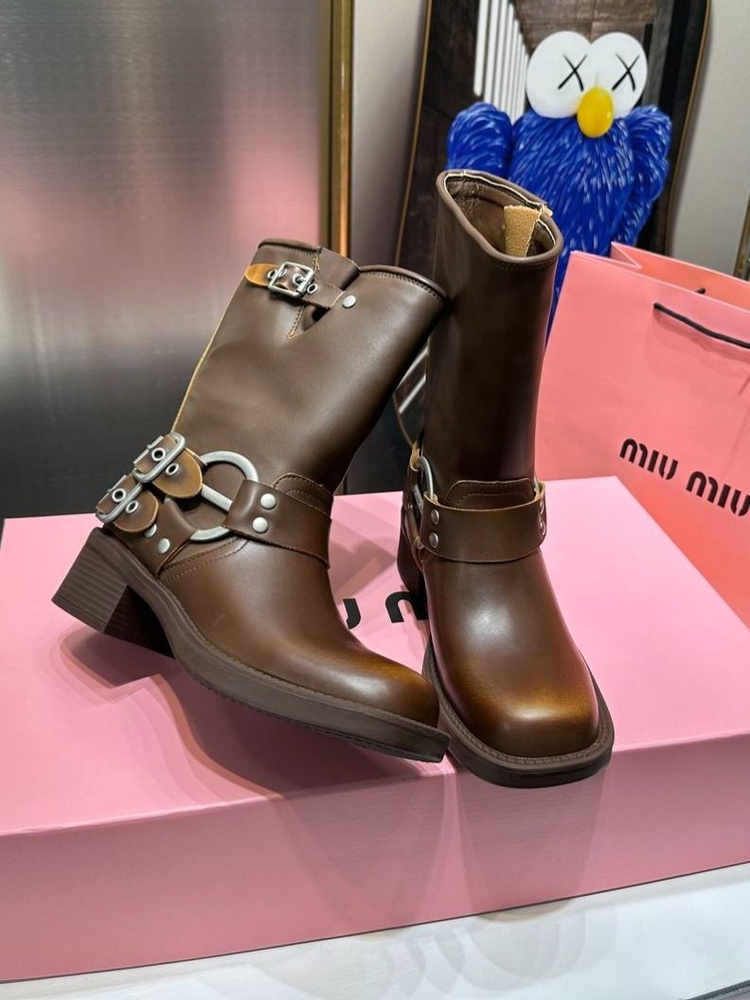 Сапоги Женский Miu Miu полусапоги, размер 38 коричневый На любой сезон R (средняя) Толстый ...
