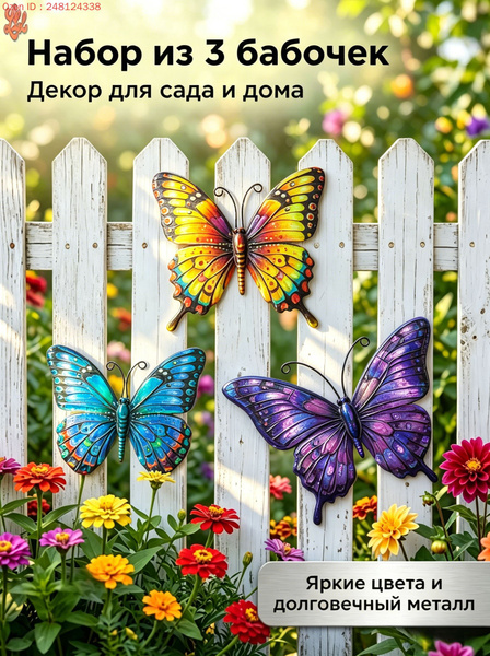Набор садовых фигурок из железа, 3 штуки (пчела, бабочка, божья коровка ...